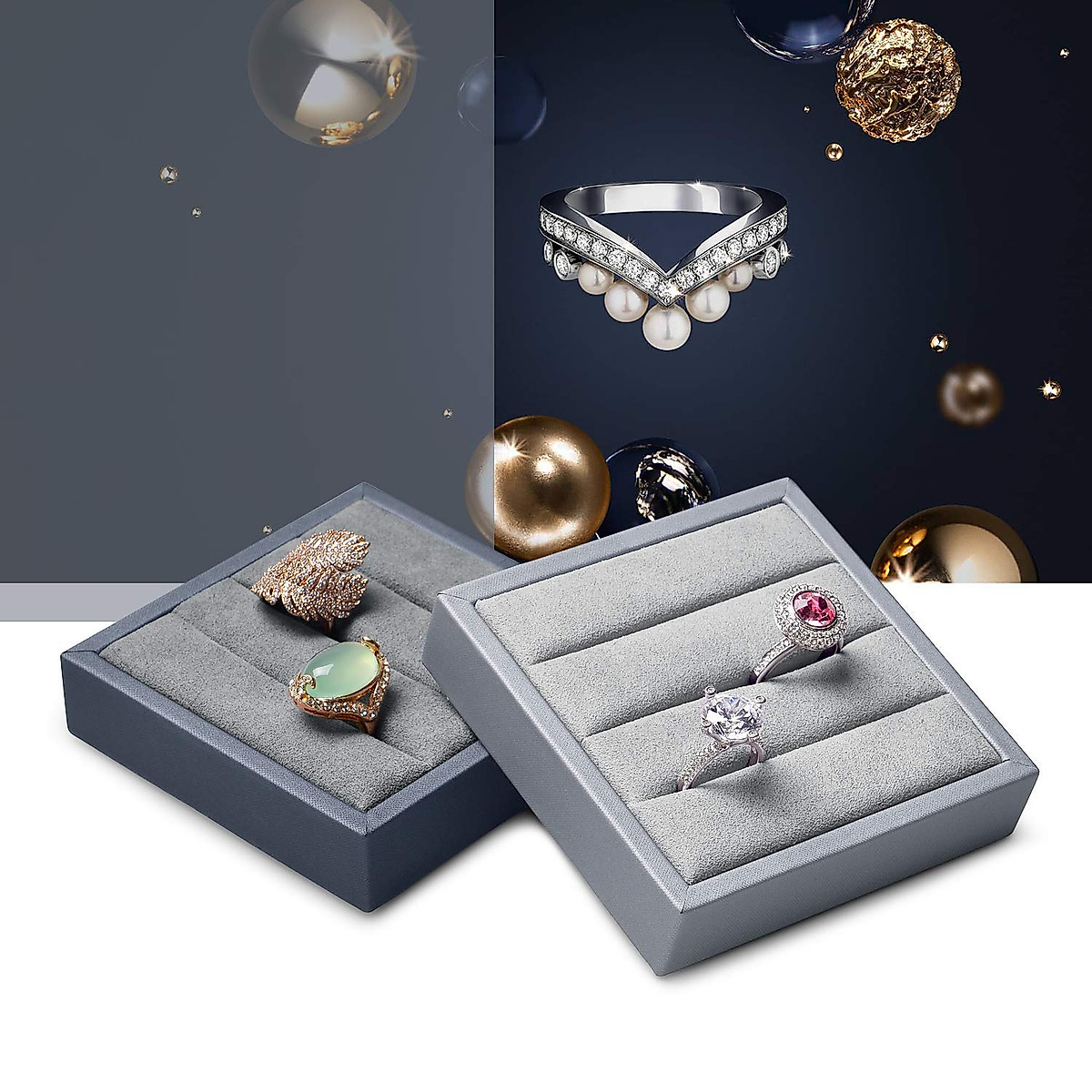 Oirlv Premium Leather Ring Display Stand Small Ring Tray Showcase Jewelry Display Rings Holder Home Organizer(Light Grey)