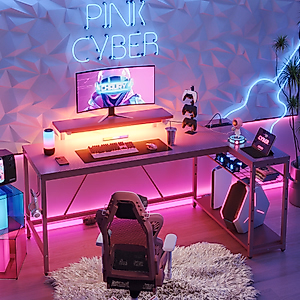 Bestier L Shaped Gaming Desk with Power Outlets,58 LED Small Corner Desk with Reversible Storage Shelves,Pink Computer Desk with Headset Hooks Desk for Living Room and Dormitory