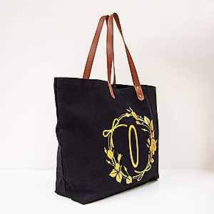 ELEGANTPARK Personalized Birthday Gifts for Women Mom Friend Sister Teacher Appreciation Gifts Monogrammed Gifts Initial Tote Bag Present Bag Black Canvas Tote Bag with Pocket Gold Letter O