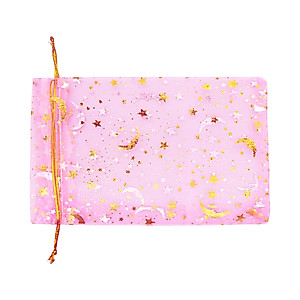 DIYOMR 120Pcs Dream Night Sky Star Moon Gold Organza Lovely Bags Jewelry Cosmetic Bags 4.3x6.3 Inch Drawstring Mesh Favor Pouches Giftwrap Bags for Wedding Party Gift Packaging (Pink)