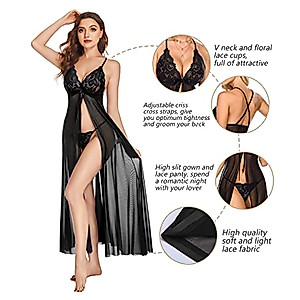 Avidlove Women's Sexy Babydoll High Split Long Maxi Lace Dress Lingerie Gown Black