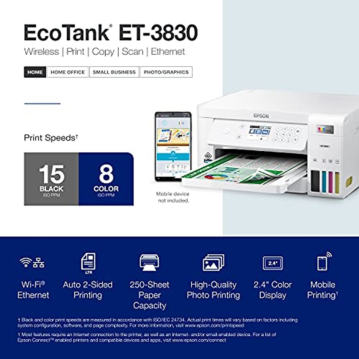 Epson EcoTank ET-3830 Wireless Color All-in-One Cartridge-Free Supertank Printer with Scan, Copy, Auto 2-sided Printing and Ethernet (Renewed),White