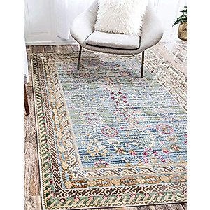 Unique Loom Austin Collection Traditional Border, Floral, Vintage Area Rug, 8' 0" x 10' 0", Blue/Green