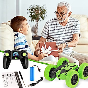 Remote Control Car Stunt RC Cars, 90 Min Playtime, 2.4Ghz Double Sided 360° Rotating RC Crawler with Headlights, 4WD Off Road Drift RC Race Car Toy for Boys and Girls Aged 6-12 Green