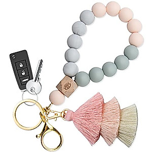Bisanzoya Beaded Keychain with Tassel, Silicone Key Ring Bracelet, Boho Car Key Chain Wristlet Cute Tassel for Women and Girls (Pink)