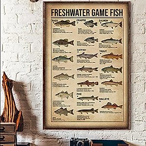 Curteny Vintage Metal Tin Sign Fishing Knowledge Freshwater Game Fish Fisher Poster Tin Sign Poster Vintage Metal Signs for Bar Music Club Man Cave Room Wall Decor 5.5x8 Inch…1