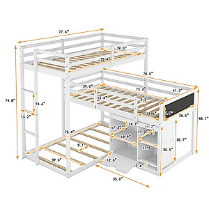 Eafurn L-Shaped Bunk Beds for 3,Twin Size Triple Bunk Beds with Storage Cabinet and Blackboard,Solid Wood Floor Bunk Bed for Kids Teens Adults