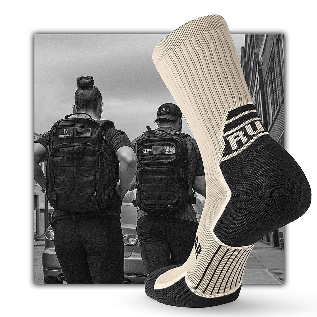 MudGear Ruck Crew Socks - Merino-Wool Hiking Sock for Women and Men for Sport, Gym, Running, Basketball, Football, Military, Work etc. - Boot Height Armour Cushioned Athletic Socks (Tan/Black, Large)