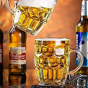BothEarn 1 Pint Dimpled Beer Mug Set of 2 - Heavy British Pub Thick Glass with Handle - Stein Cup for Beer Lover in Home Party BBQ