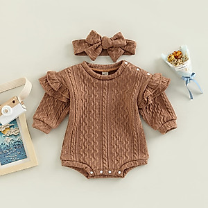 Infant Baby Girls Boys Romper Solid Color Knitted Round Neck Long Fly Sleeve Jumpsuits with Headband (Coffee, 0-6 Months)