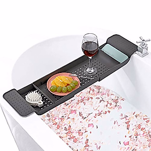 Expandable Bath Shelf Bathtub Caddy Tray Adjustable Plastic Shower Organizer Trays Extending Home Bathroom Sides Bath Tub Caddy Tray Rack Soap Shower Storage Kitchen Wine Tray Holder SPA Ttray (Gray)