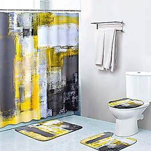 Britimes 4 Piece Shower Curtain Sets, Yellow Gray White with Non-Slip Rugs, Toilet Lid Cover and Bath Mat, Durable and Waterproof, for Bathroom Decor Set, 72" x 72"