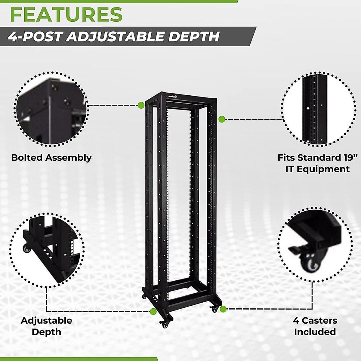 NavePoint 42U 4 Post Server Rack – Open Frame Rack for 19 Inch Equipment, Adjustable Depth 4-Post Network Rack Floor Mount, 42U Server Rack 793lbs Capacity, Black
