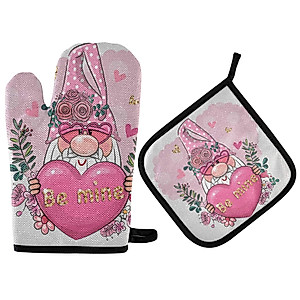 Be Mine Gnome Oven Mitts & Pot Holders 2pcs Happy Valentine's Day Kitchen Heat Resistant Non-Slip Potholders Set for Cooking Baking BBQ,Wedding Gifts
