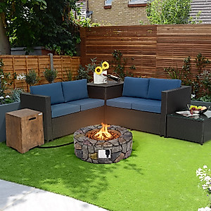 Tangkula 28 Inch Round Propane Gas Fire Pit, Patiojoy 40,000 BTU Stone Look Outdoor Propane Fire Pit with Lava Rocks & PVC Cover, Faux Stone Gas Fire Pit Table for Patio, Courtyard, Garden (Grey)