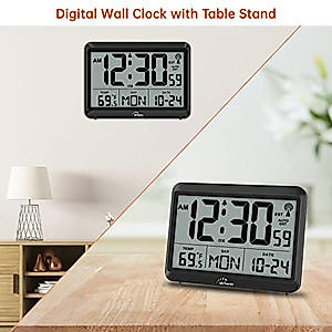 WallarGe Atomic Clock Battery Operated - Large Display Digital Alarm Clock with Seconds and Indoor Temeperature, 4 Time Zones, DST