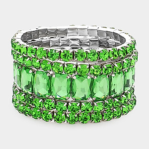 Rosemarie & Jubalee Women's Stunning Statement Set Of 5 Colorful Crystal Rhinestone Stretch Bracelets, 6.75" (Green Crystal Silver Tone)