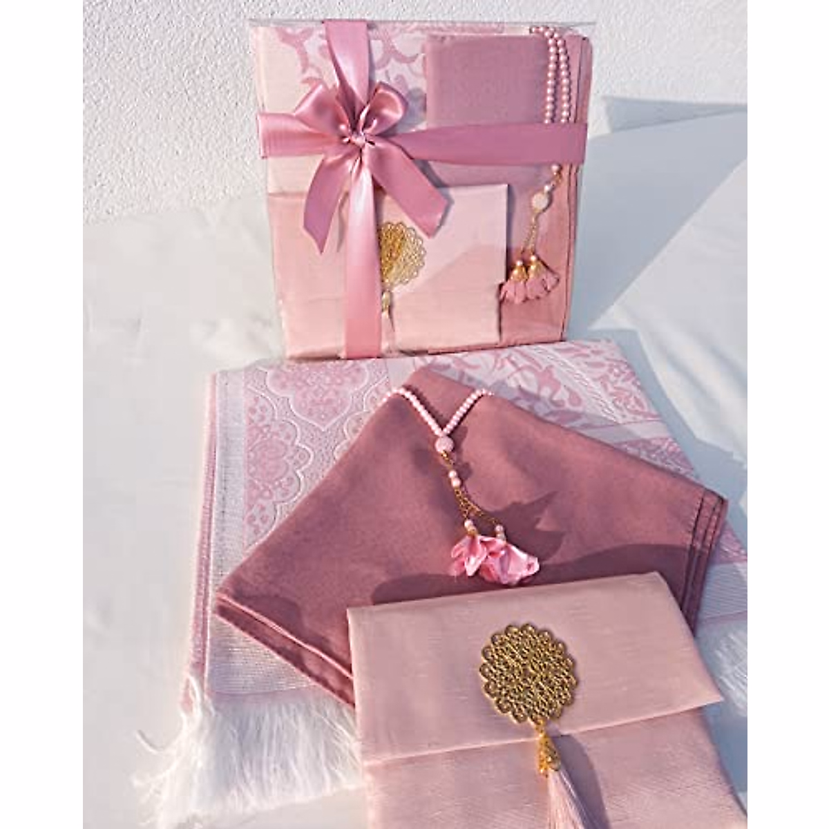 Muslim Prayer Rug | 5 in One Prayer Mat, Short Surahs Book, Tasbeeh, Scarf , Quran Case Set | Pearl Prayer Beads | Islamic Gift For Her | Islamic Gifts for Occasions | Prayer Mat| Birthday Gift|(Pink)
