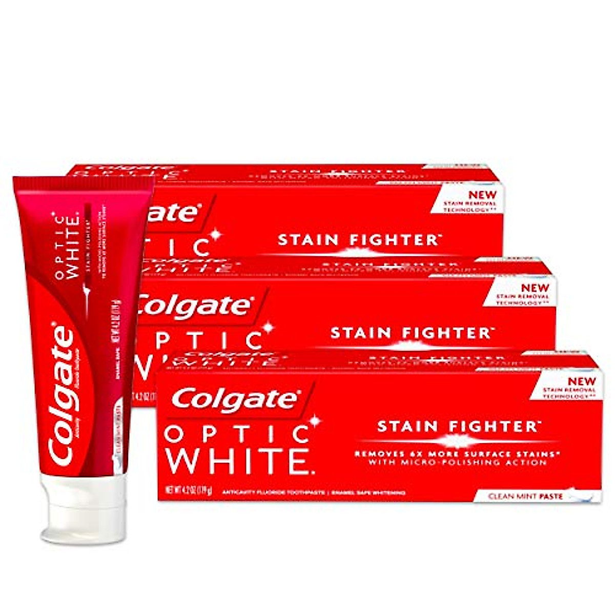 Colgate Optic White Stain Fighter Anticavity Fluoride Toothpaste, Clean Mint Paste, 4.2 Ounces (Pack of 3)