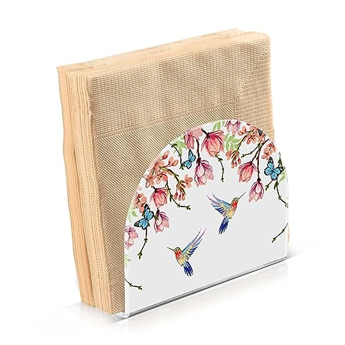 Napkin Holder, Clear Acrylic Paper Napkin Holders Tropical Flowers Butterfly Hummingbird Tissue Box Dispenser Stand Tabletop Space Saver Upright Napkin Towel Holders for Kitchen Restaurant Home Decor