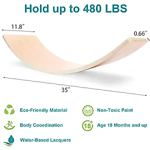 Gentle Monster Wooden Wobble Balance Board, 35 Inch Rocker Board Natural Wood, Kids Toddler Open Ended Learning Toy, Yoga Curvy Board for Classroom & Office Adult