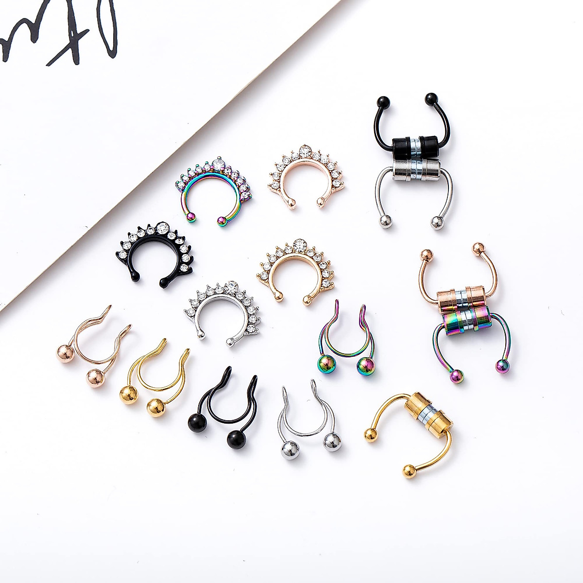 REVOLIA 15 Pcs Fake Nose Rings Hoop Stainless Steel Fake Septum Ring Faux Non-Pierced Clip On Nose Hoop 5C