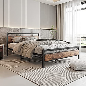 HOJINLINERO Queen Bed Frame with Headboard,Metal Platform Bed Frame Queen with Headboard,Mattress Foundation,No Box Spring Needed Under Bed Storage Industrial Steel Slats,Black…