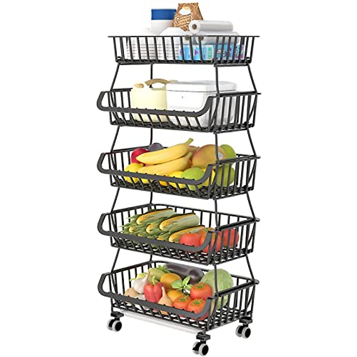OKZEST 5 Tier Fruit Basket for Kitchen, Rolling Vegetable Fruit Storage Basket Stand Organizer Cart for Snack Potato Onion Produce, Utility Stackable Metal Wire Storage Bin Rack with Wheels for Pantry