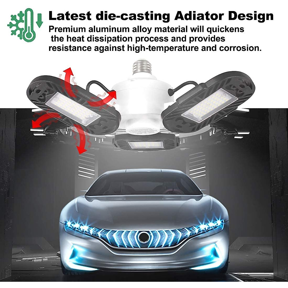 OOOLED 2 Pack LED Garage Lights, 80W LED Garage Lighting, Deformable LED Garage Lights Supporting E26 Screw Socket, 9600LM 6500K Super Bright White, LED Lights for Garage, Workshop, Basement