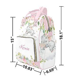 SunFancy Personalized Pink Elephant Flower Diaper Backpack with Name Text Large Capacity Custom Multi-Function Bag Unisex Travel for Mom Dad Boy Girl, 10.83 inch L * 6.69 inch W * 15 inch H