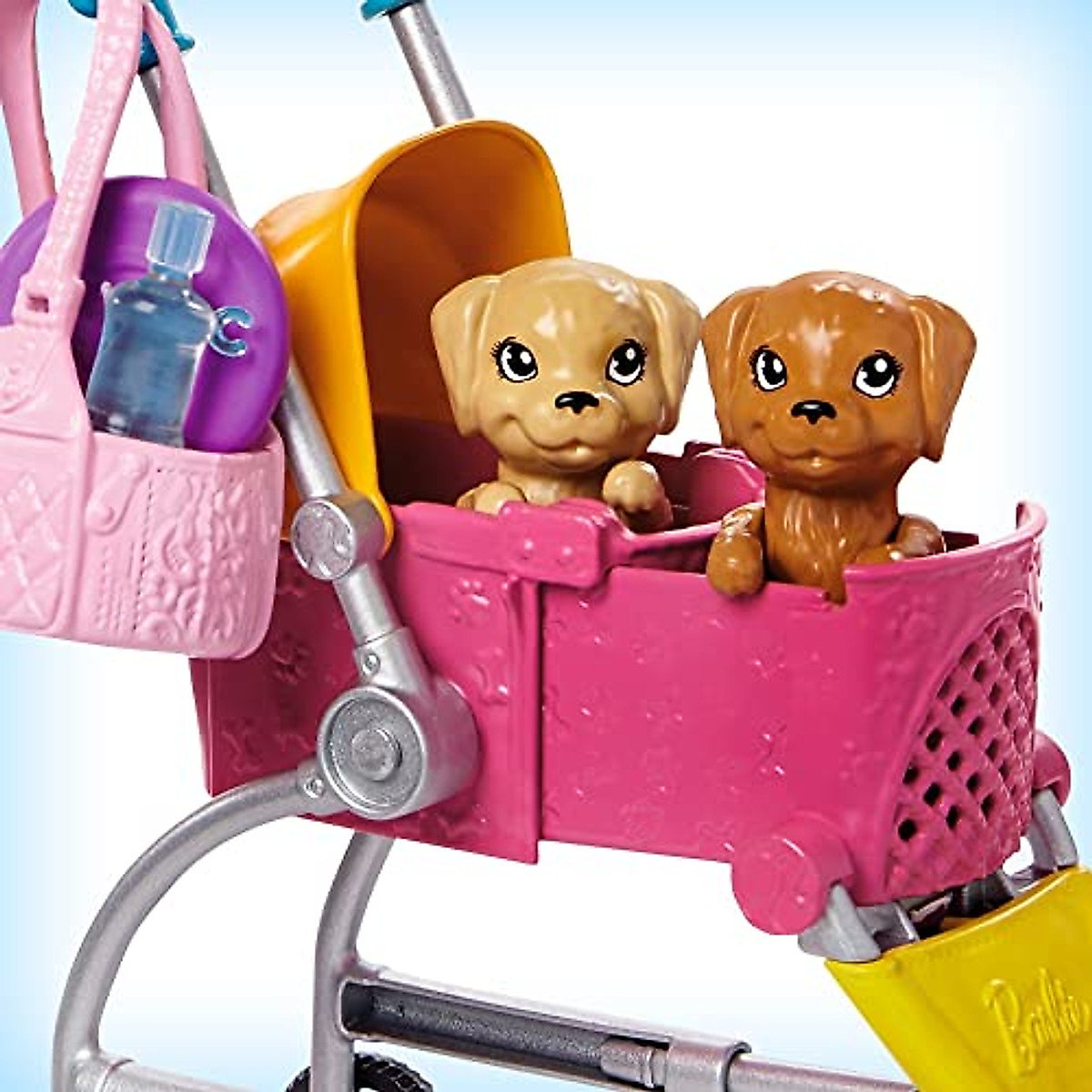 Barbie Dogwalking Doll & Accessories, Stroll & Play Pups Playset with Transforming Stroller, 2 Pets & Handbag, Blonde Doll