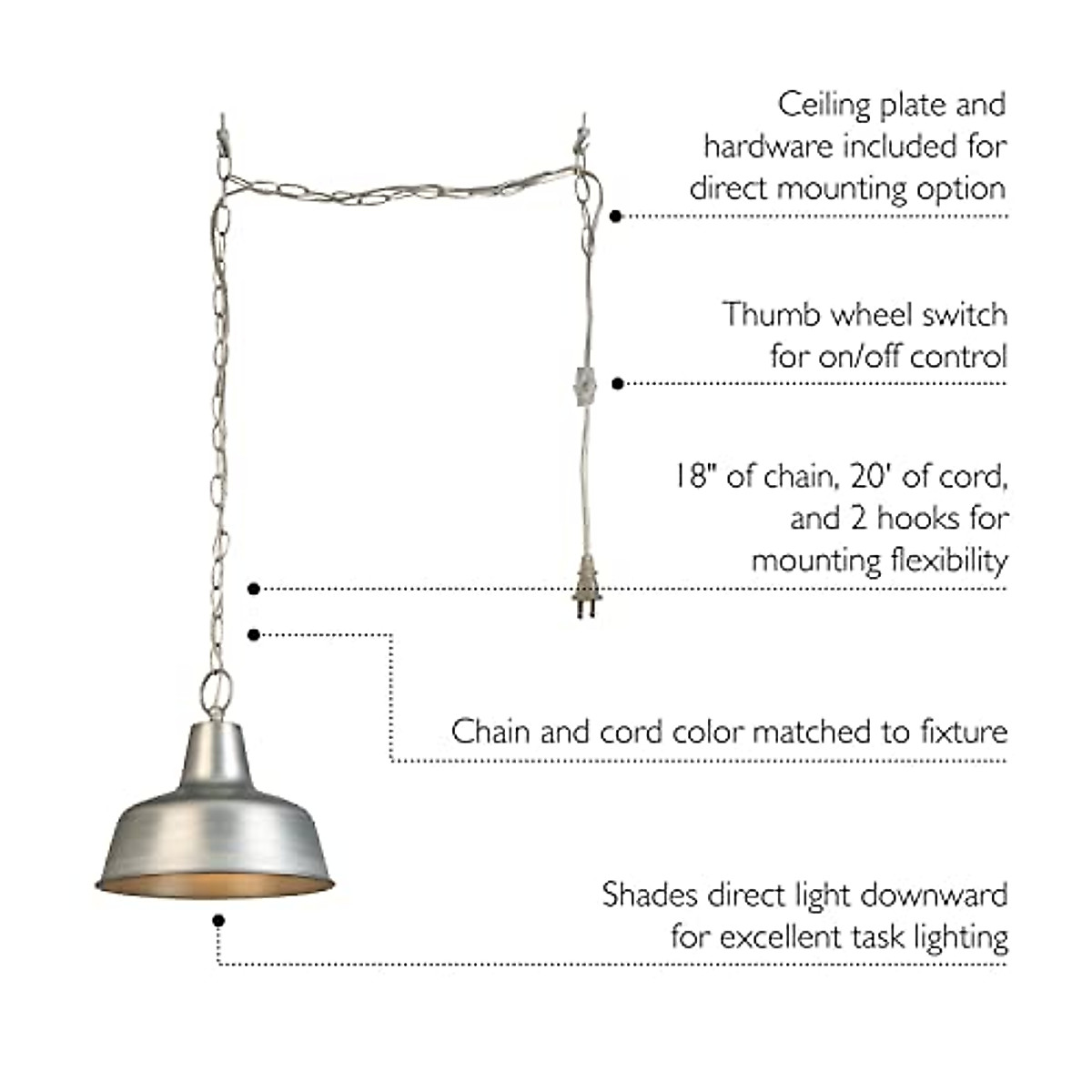Mason Hanging Swag Light Barn Industrial Farmhouse Modern 1-Light Design House Pendant Light with Metal Shade for Living Room and Dining Room, 10 inch, Galvanized Paint Finish, 579409