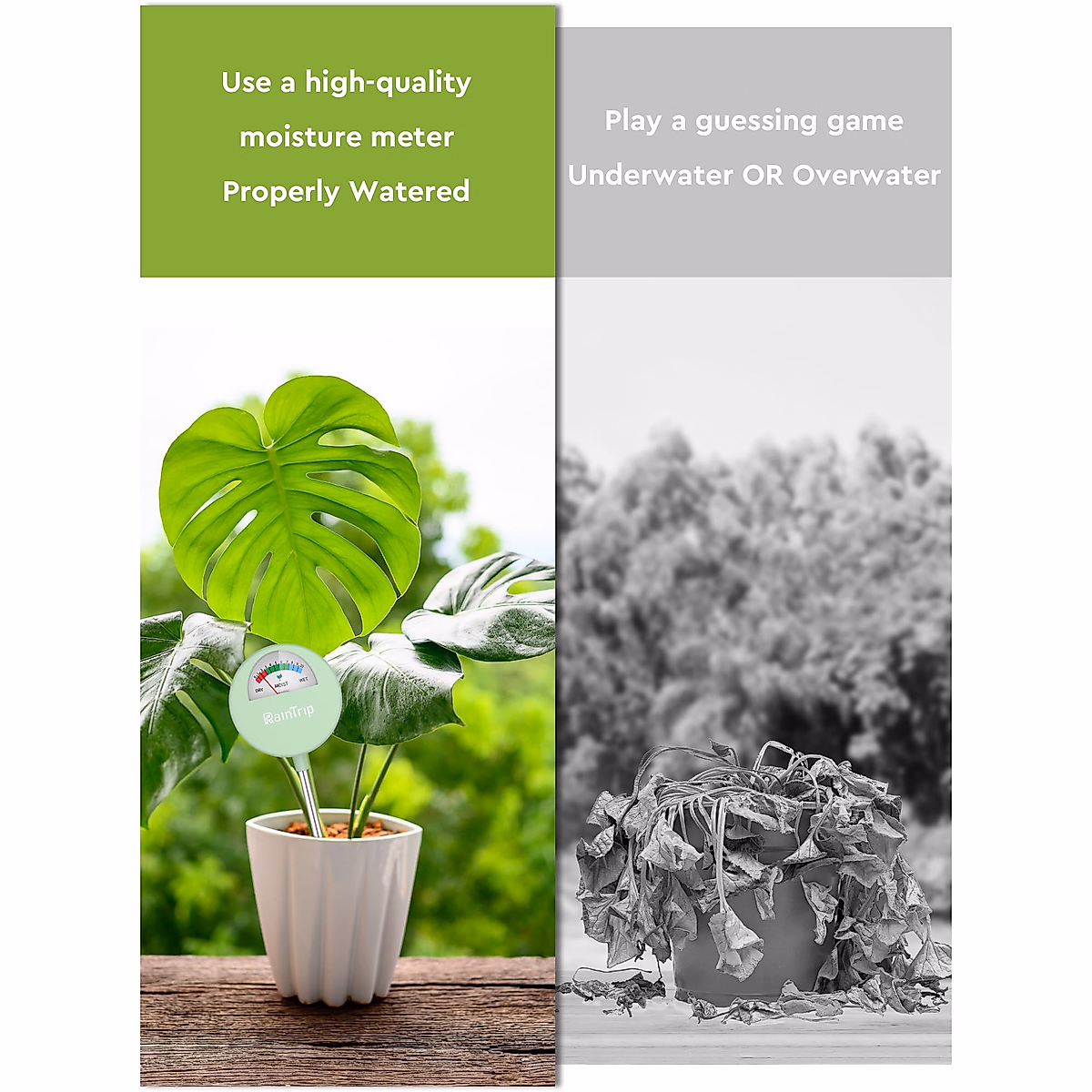 Raintrip Soil Moisture Meter,Moisture Meter for Plants，Plant Water Meter,Great for Garden, Lawn, Farm, Indoor & Outdoor Use (No Battery Required)