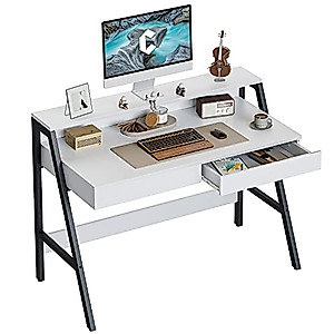 CubiCubi Computer Desk with 2 Storage Drawers, Home Office Writing Desk, Study Table for Small Space, (White, Monitor Stand)