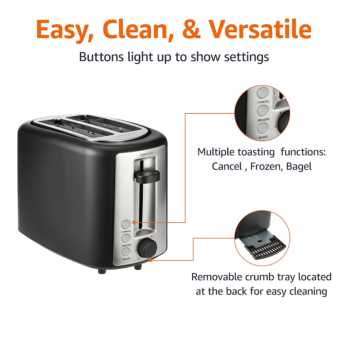 Amazon Basics 2 Slice, Extra-Wide Slot Toaster with 6 Shade Settings, Black