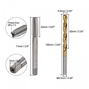 uxcell M8 x 1.5 Straight Flute Thread Tap and 6.5mm Twist Drill Bit Set, Metric Titanium Plated 6542 High Speed Steel Machine Screw Thread Tap Threading Drilling Tool