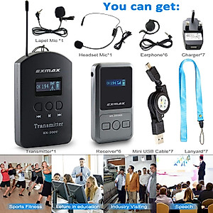 EXMAX EX-200N UHF Wireless Tour Guide System Hands-free Transmitter Receiver 200 Channels for Church Translation, City Museum Tour, Equestrian Training, hajj - 1 Transmitter & 6 Receivers
