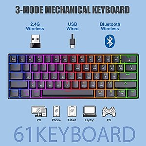 Ajazz G1000 USB Wired/2.4G/Bluetooth 3-Modes Wireless Mechanical Keyboard, Compact 61 Keys, Adjustable RGB Backlight, iOS/Android/Mac/Windows Compatible (Black, Blue Switch)