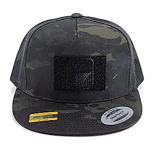 Pull Patch Multicam Camo Flat Bill Snapback Trucker Hat | Black Camo & Black Cap | 2x3 in Loop Surface to Attach Morale Patches