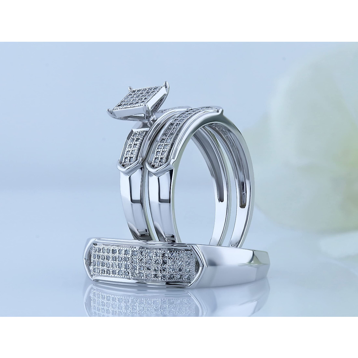 Dazzlingrock Collection 0.30 Carat (ctw) Round White Diamond Square Framed Wedding Trio Ring Set in 925 Sterling Silver, Women size 7 & Men size 9.5