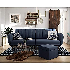 Sofa Futon, Premium Linen Upholstery and Wooden Legs, Blue Linen