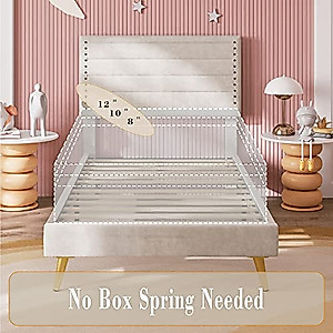 LIKIMIO Twin Bed, Platform Bed Frame with Upholstered Headboard and Wooden Slats Support, No Box Spring Needed, Easy Assembly, Beige