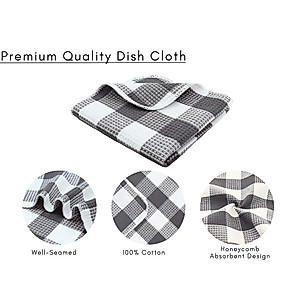 PurpleEssences Waffle Weave Plaid Dish Cloths, 100% Cotton - 12 x 12 Inches, Ultra Soft Absorbent Quick Drying Dish Towels Buffalo Check Dish Rags for Kitchen, 8-Pack - Grey & White