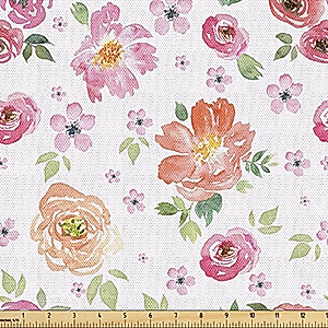 Lunarable Floral Fabric by The Yard, Shabby Form Garden Flowers Roses Tulips Watercolor Abstract Art, Decorative Fabric for Upholstery and Home Accents, 1 Yard, Pale Pink