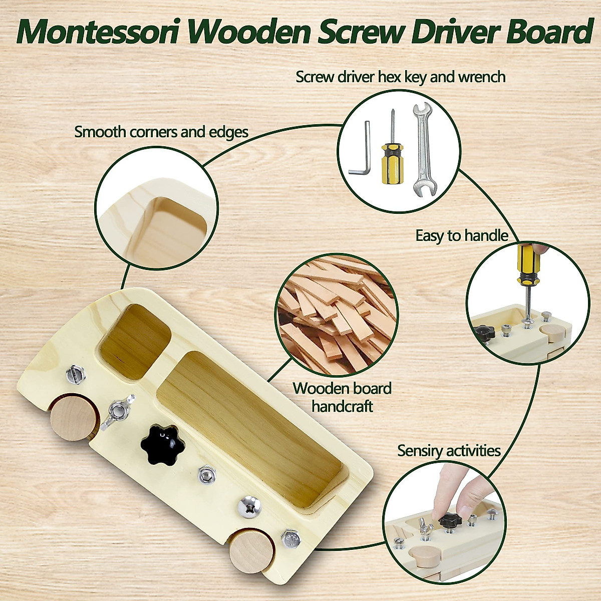 Dageely Montessori Wooden Screw Driver Board Set for Kids, Basic Life Skills Educational Learning Toy for 3 4 5 Year Old Kids and Toddlers Preschool, Classroom Wooden Sensory Toys