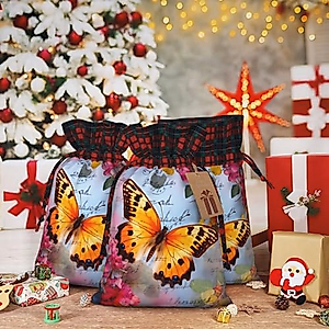 EVANEM Christmas Gift Bags with Drawstring Burlap Gift Bags Butterfly Christmas Linen Bags for Xmas Party Candy Bags with Cards Xmas Reusable Wrapping Bags Christmas Linen Treat Bags for Holiday
