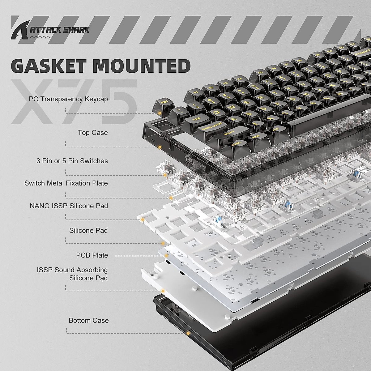 ATTACK SHARK X75 Hotswap Mechanical Gaming Keyboard with USB C Coiled Cable,TKL Tactile Switch,RGB LED,Gasket Mounted,Custom OSA Profile Clear Keycaps for PS4 PS5 Xbox Mac PC Gamer(Black,Outemu)