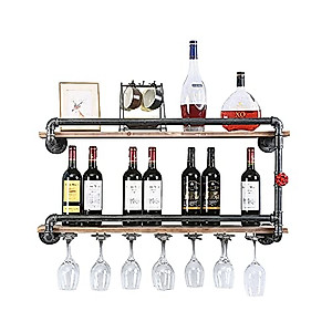 TANGGU Industrial Wine Racks Wall Mounted with 7 Stem Glass Holder,2-Tiers Rustic Metal Hanging Wine Holder,36in Wall Mount Bottle Holder,Pipe Shelves Kitchen/Living Room/Home Wood Wine Shelf
