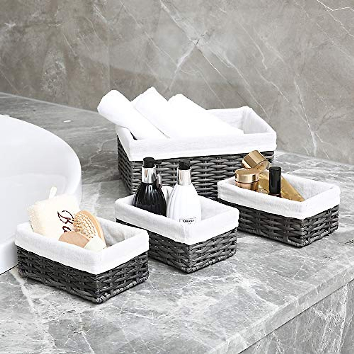 HOSROOME Handmade Wicker Baskets for Organizing Storage Basket Set Woven Decorative Organizing Nesting Baskets for Bedroom Bathroom(Set of 4,Grey)