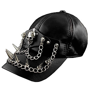 Cool Spike Goth Skull Real Leather Cap Bassbal Hat Men's Biker Punk Rock Black